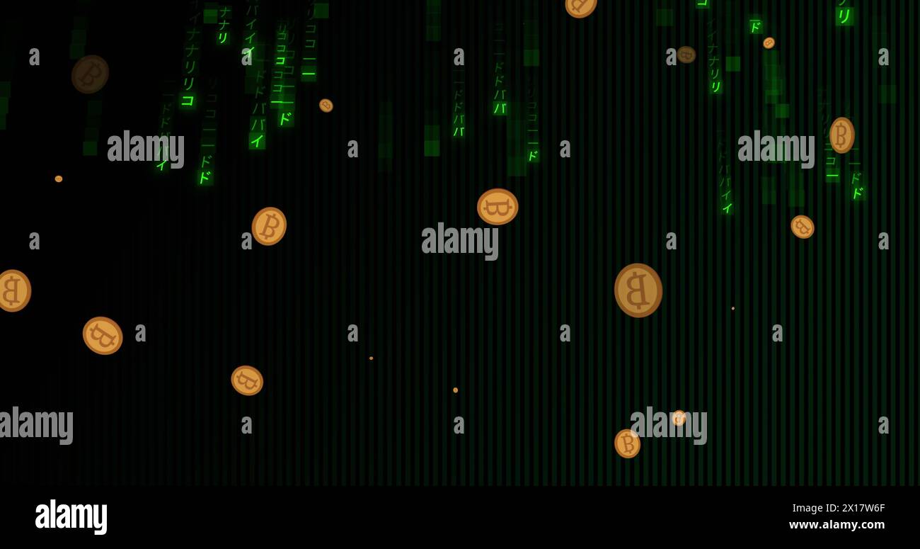 Image of bitcoins falling over symbols on black background Stock Photo ...