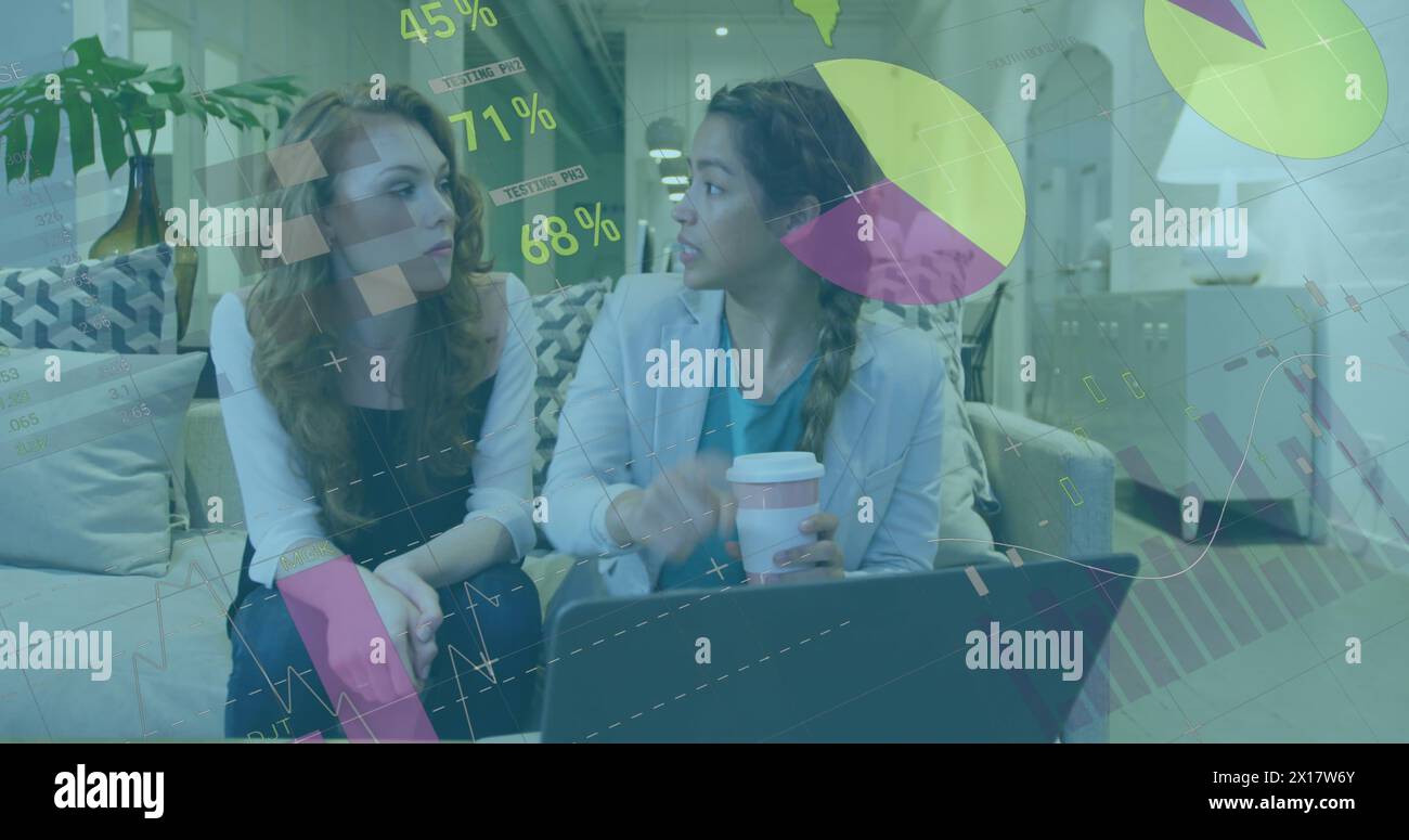 Image Of Statistical Data Processing Against Two Diverse Women Discussing Over Laptop At Office