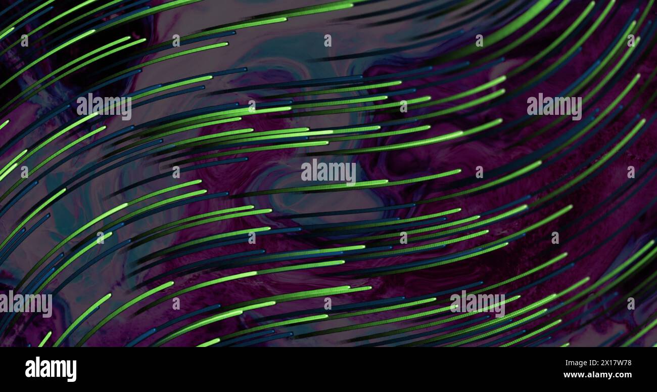 Image of curvy green lights moving up over dark purple and pink blots ...