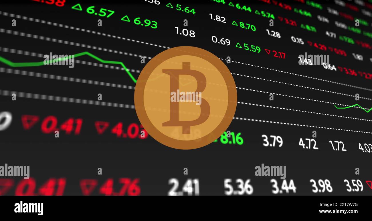 Image of bitcoin over diagrams and stock market on black background ...