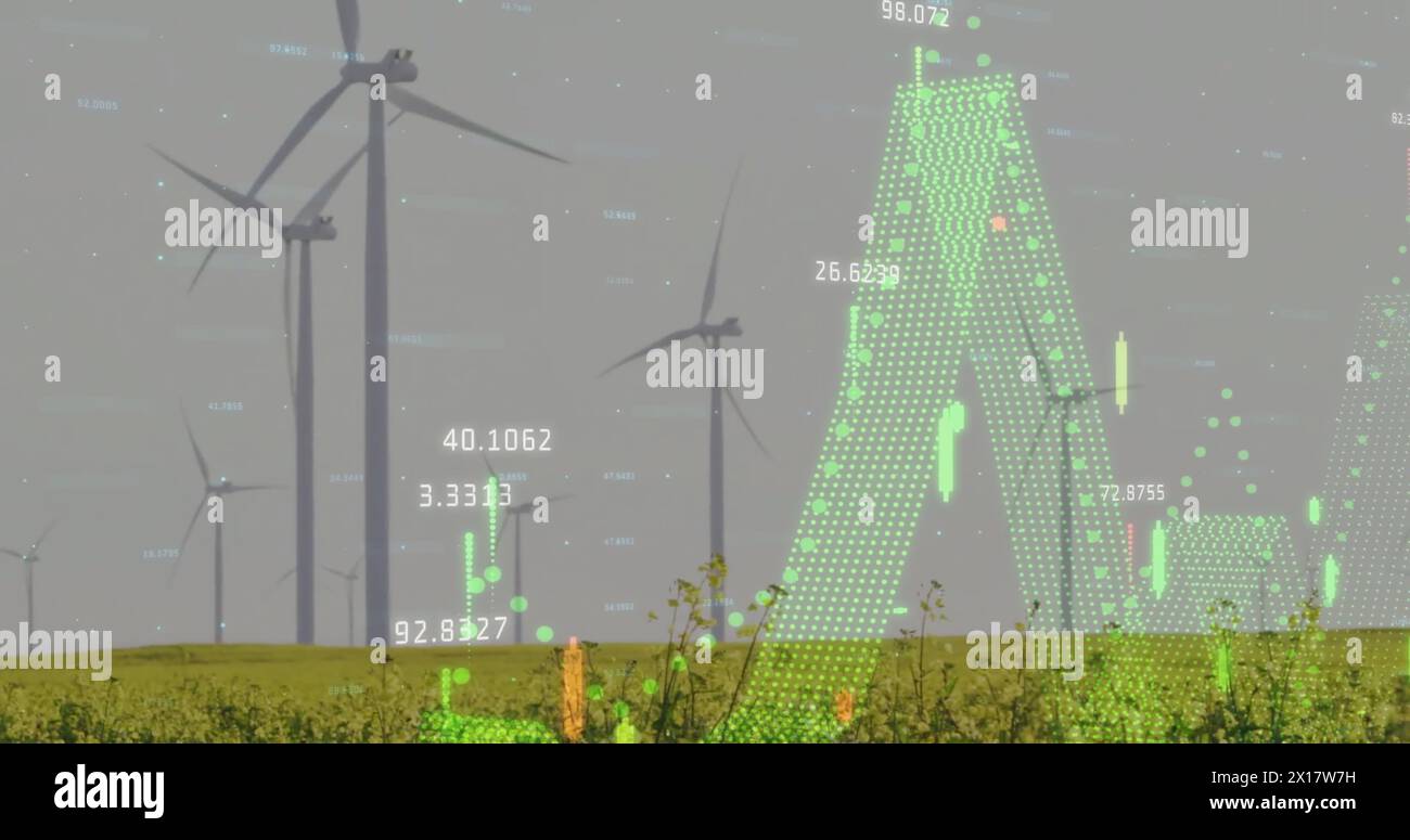 Image of diagrams and data processing over field with wind turbines Stock Photo - Alamy