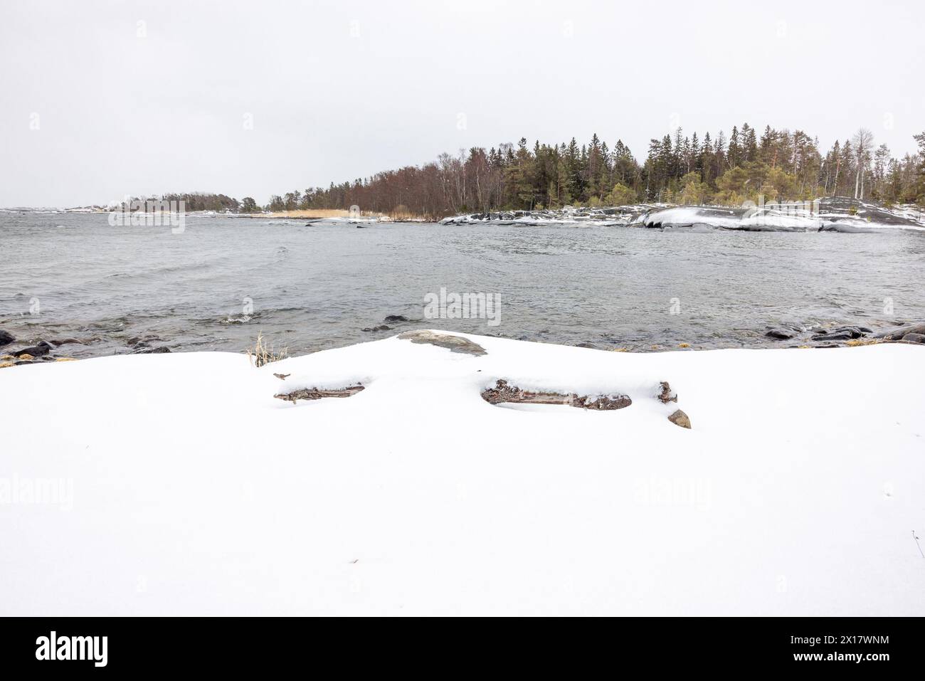nordic landscape with snow, sweden, water, ice beach and shore Stock ...