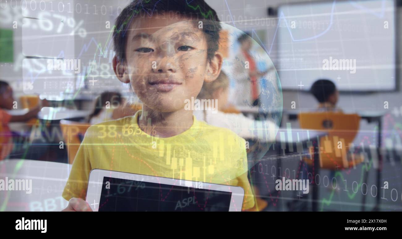 Image of asian boy holding digital tablet over globe, trading board and ...