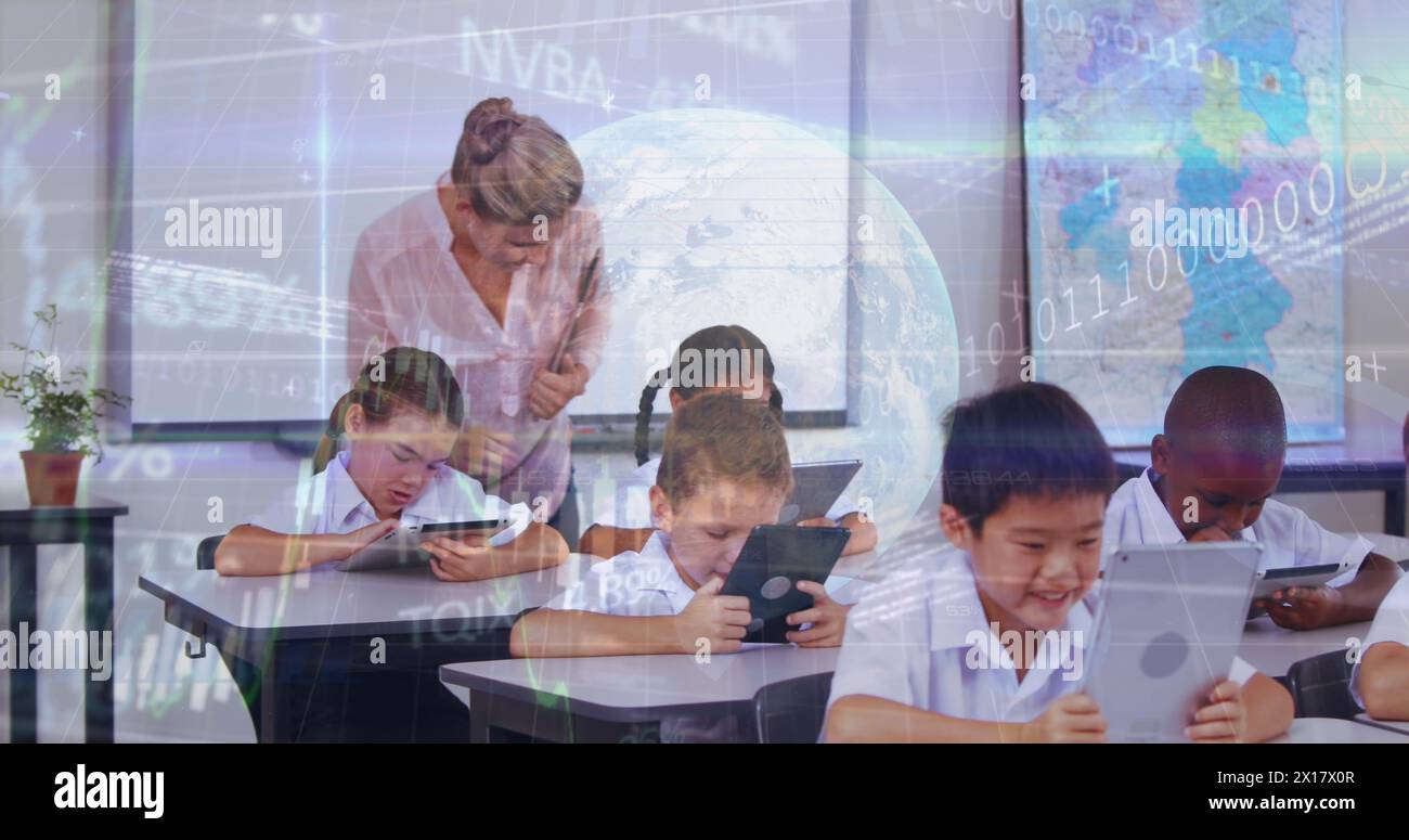 Image of caucasian female teacher with multiracial students using ...