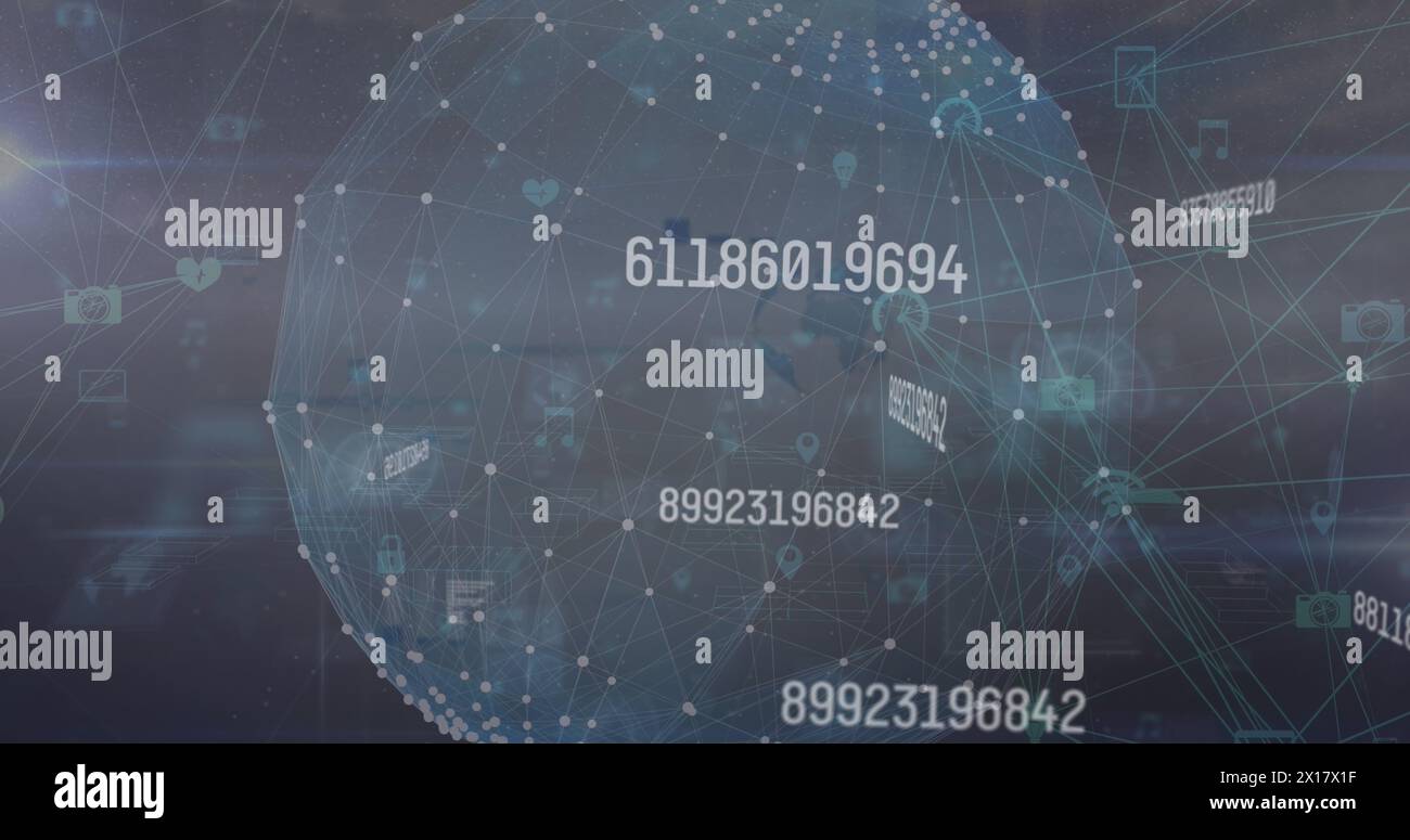 Image of various digital icons and globe with rapid changing numbers ...