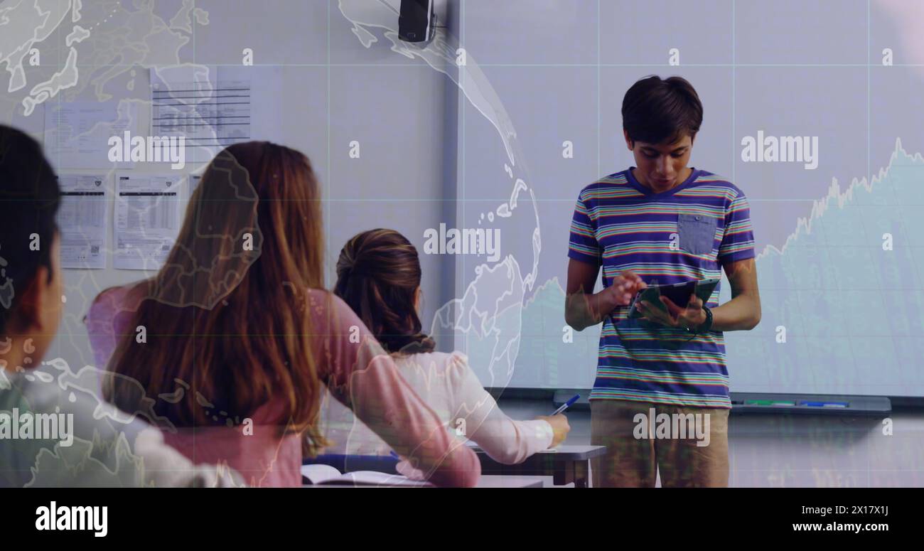 Image of asian boy giving presentation in class using digital tablet ...