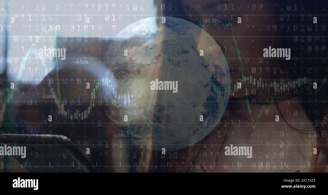 Image of globe, graphs and binary codes over asian teenage girl studying over digital tablet ...
