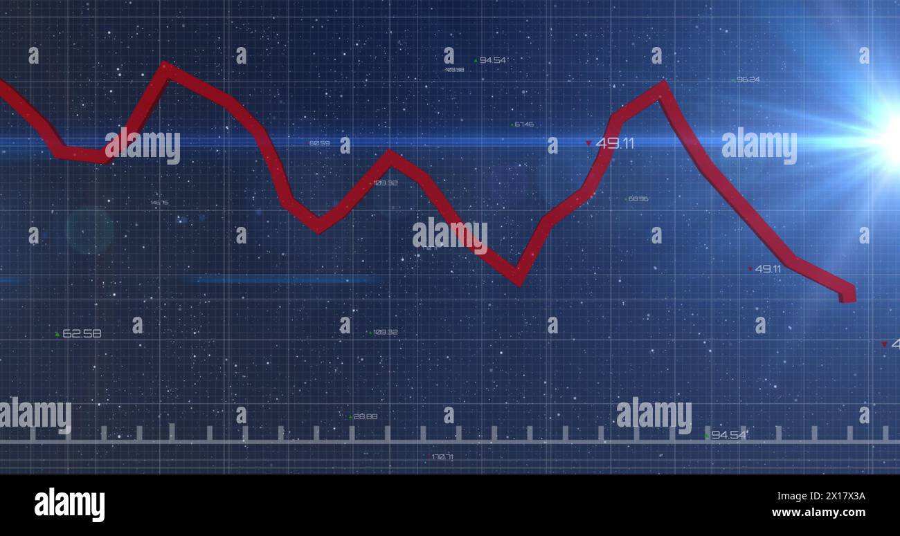 Image of financial data and graphs over blue background with lights ...