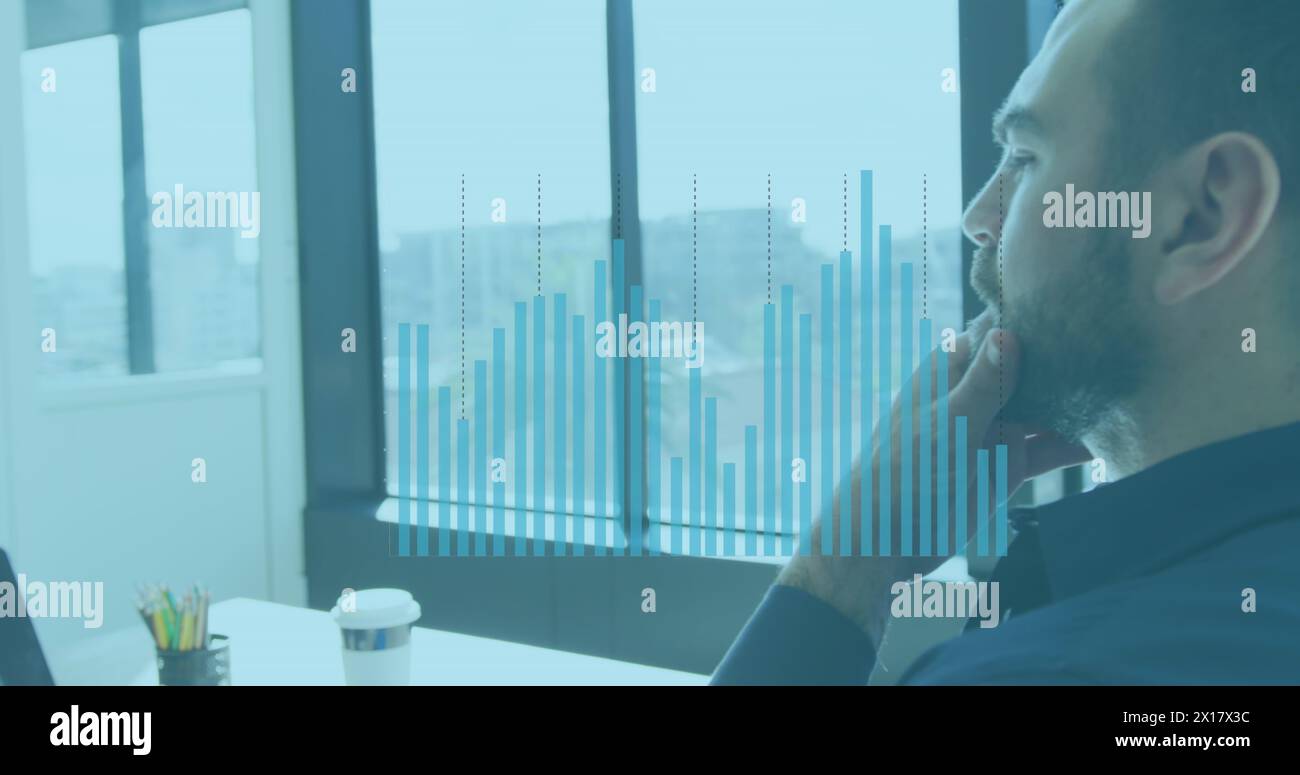 Image of financial graphs and data over caucasian man using computer in ...