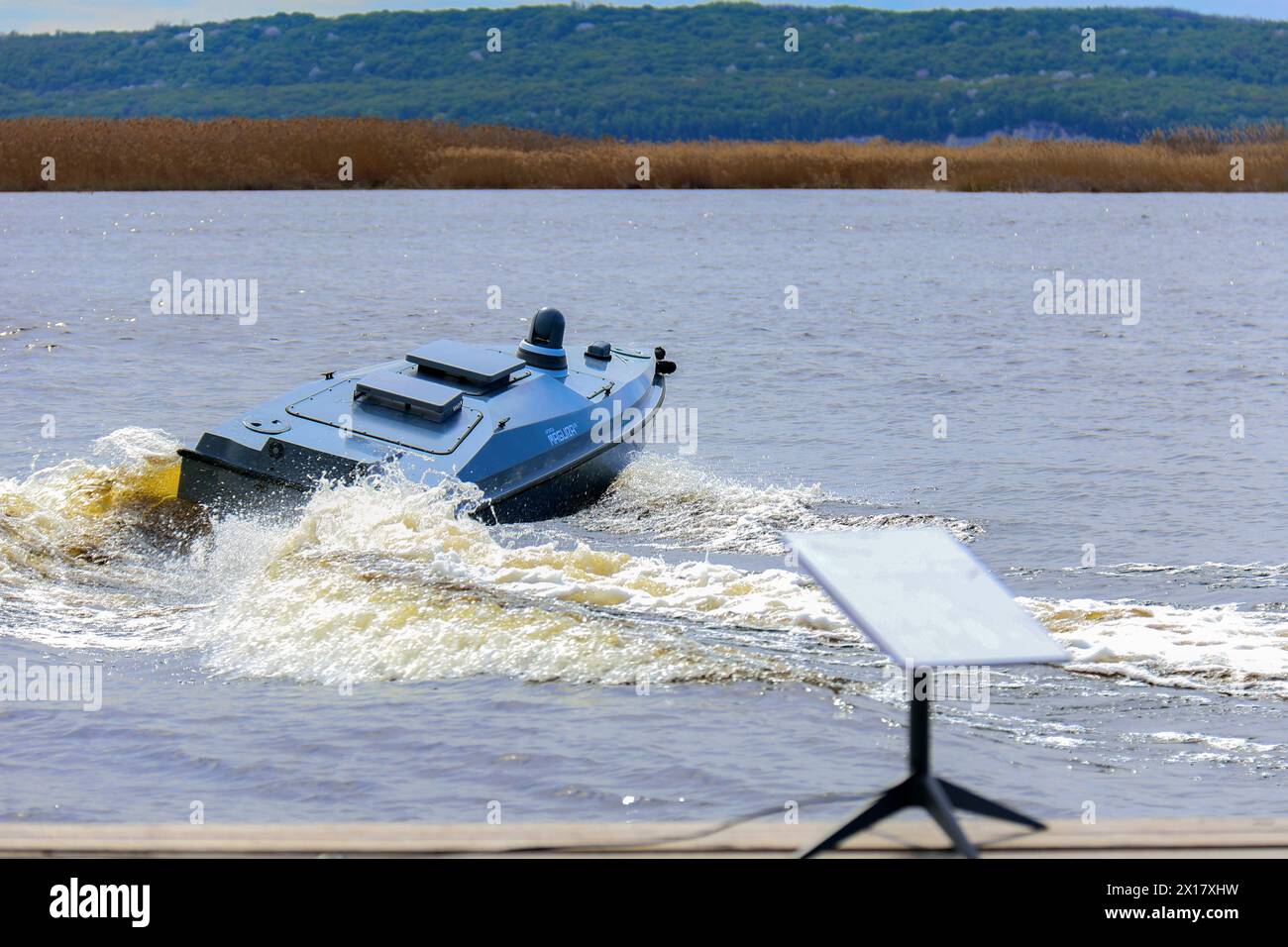 KYIV, UKRAINE - APRIL 13, 2024 - A MAGURA V5, a Ukrainian multi-purpose unmanned surface vehicle ...