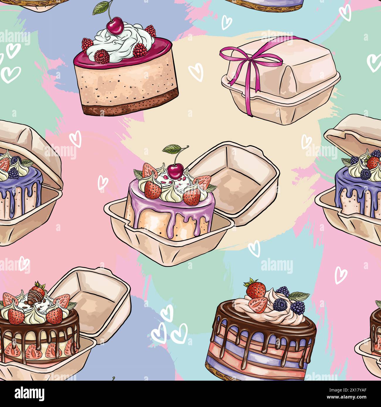 Seamless vector pattern with cute bento cake desserts with berries ...