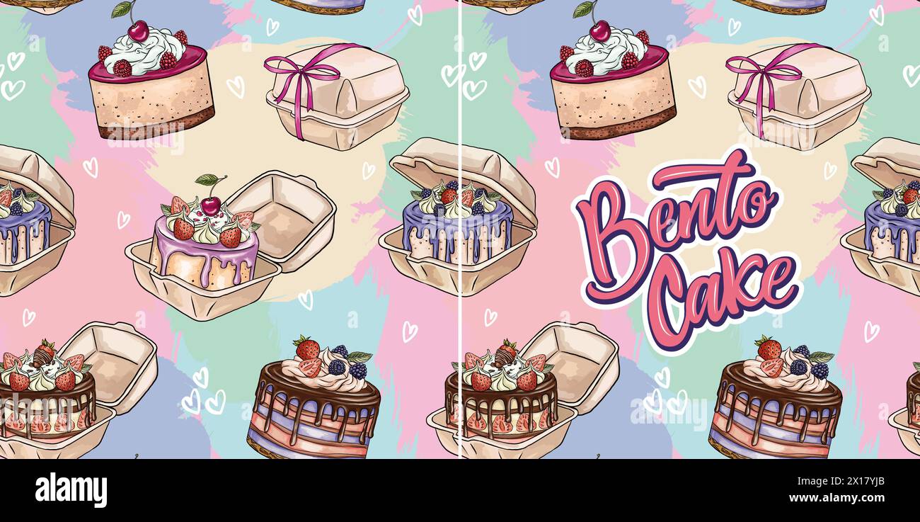 Seamless vector pattern with cute bento cake desserts with berries ...