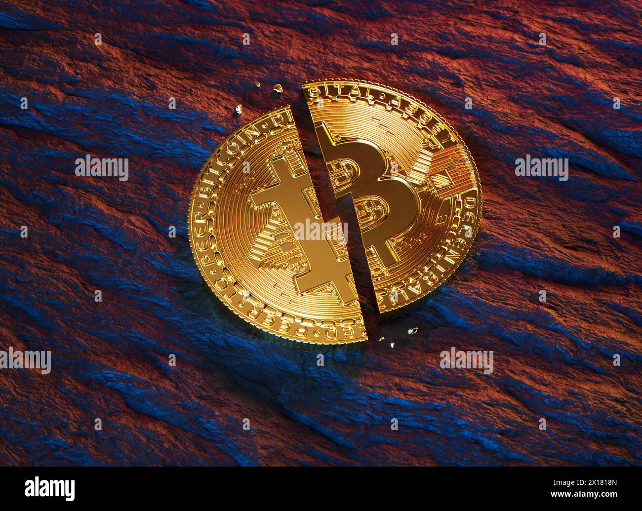 A golden Bitcoin coin split in half, concept of Halving, an event that ...