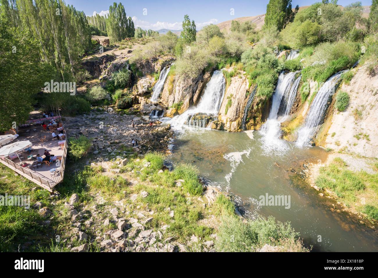 Beautiful mid size waterfalls with pool and people hanging around them ...