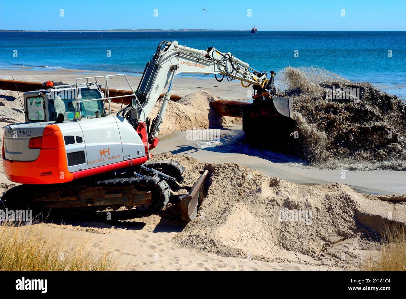 Renaturation, Repair of erosion-damaged beach. Sand is sucked up from ...