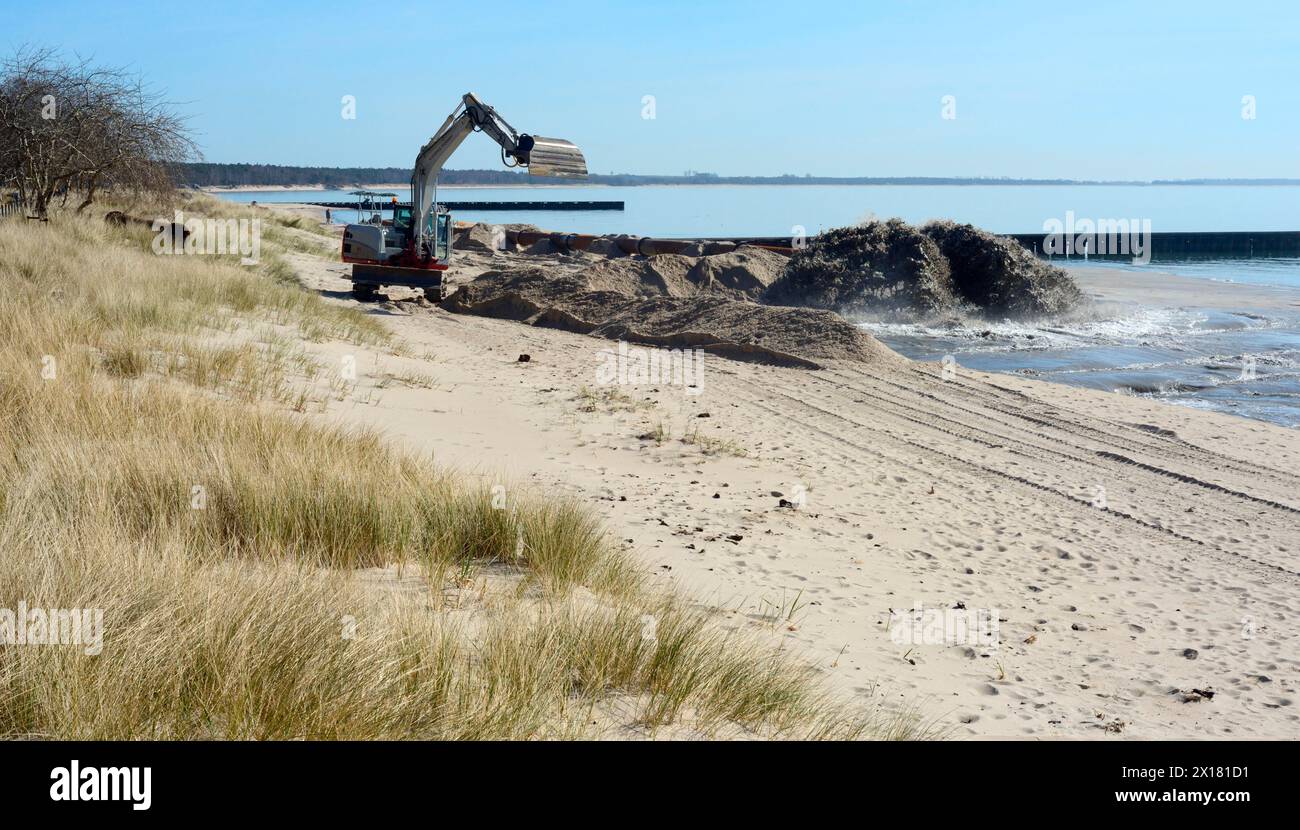 Renaturation, Repair of erosion-damaged beach. Sand is sucked up from ...