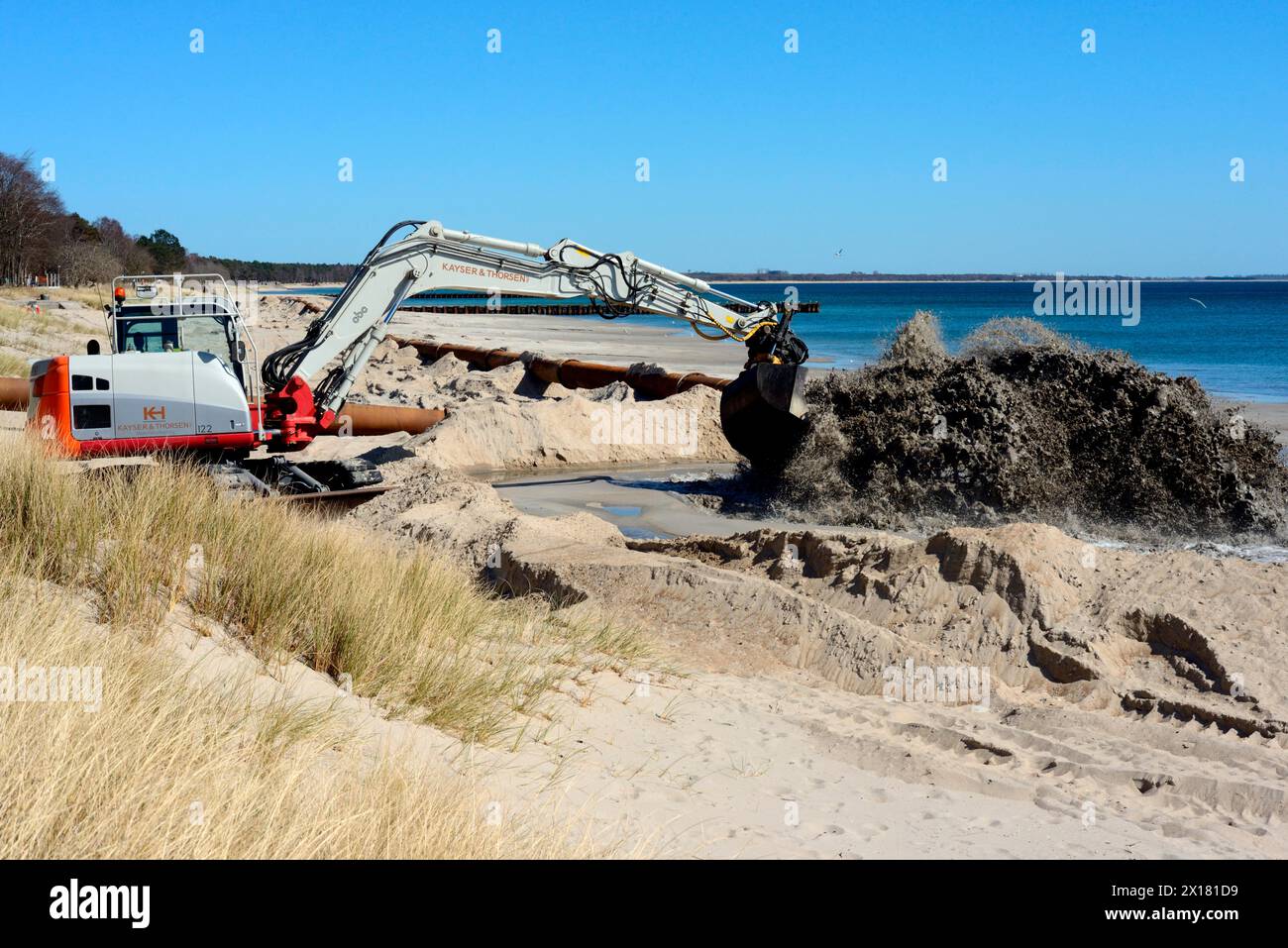 Renaturation, Repair of erosion-damaged beach. Sand is sucked up from ...