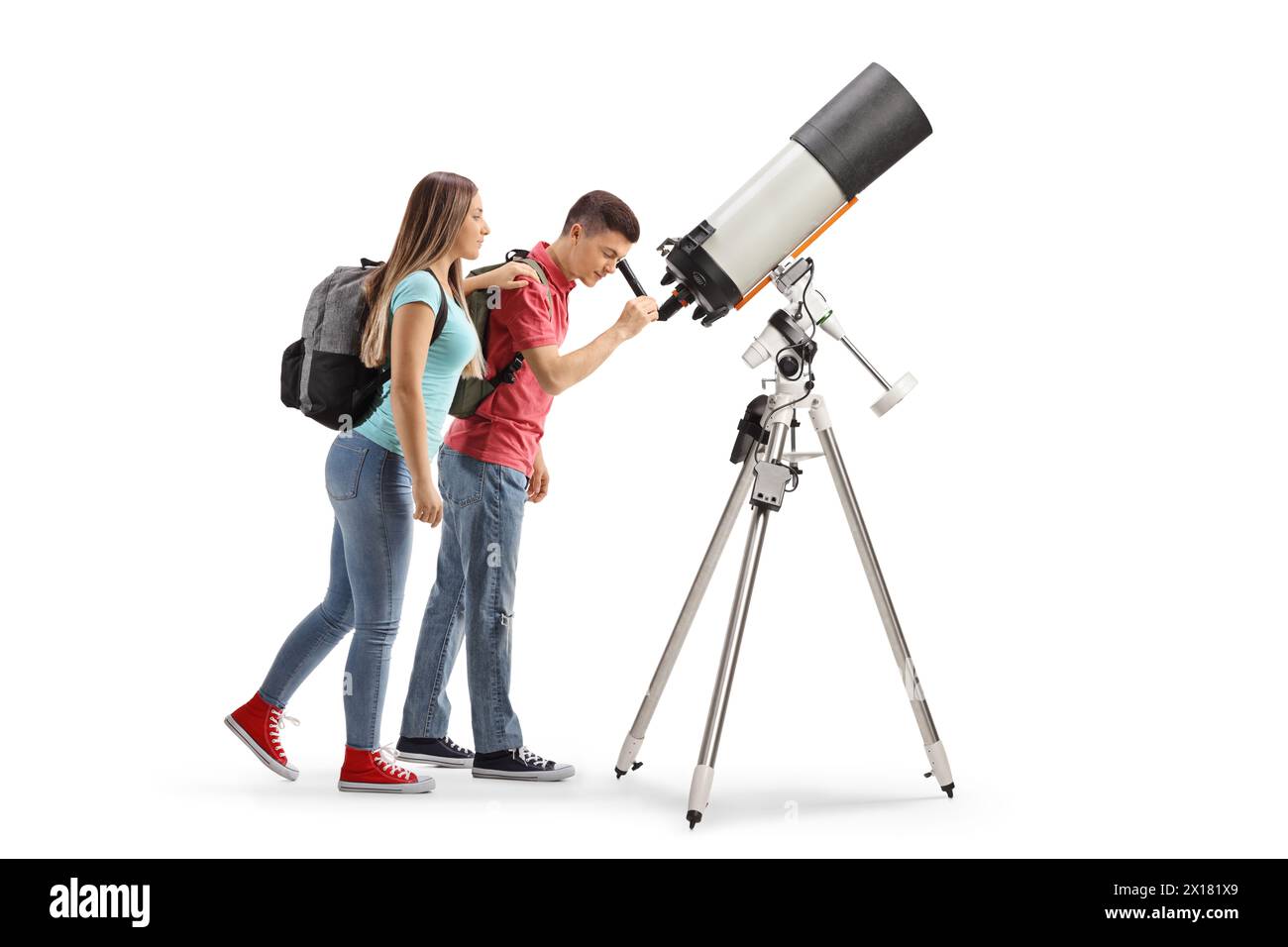 Teenage girl and boy students looking through a telescope isolated on ...