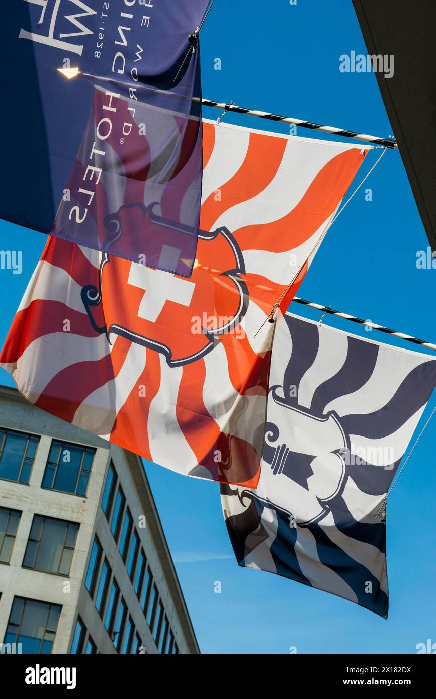 Flags with the coats of arms of Basel and Switzerland, Basel, Canton of ...