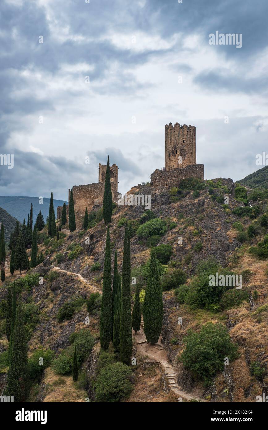 Ruins of the medieval castle of Lastours, in the Cathar region of ...
