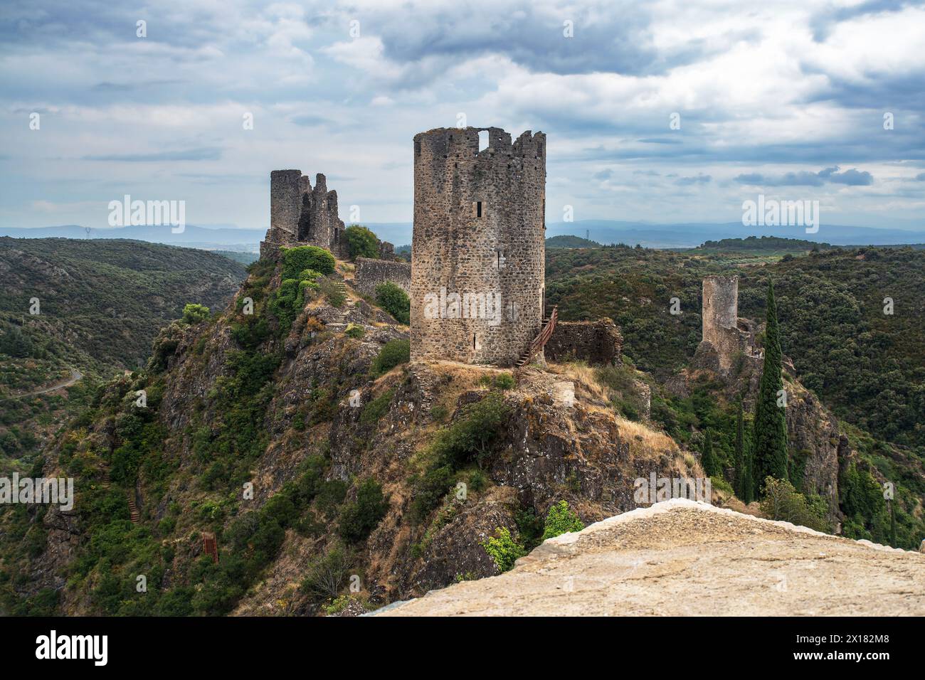 Ruins of the medieval castle of Lastours, in the Cathar region of ...