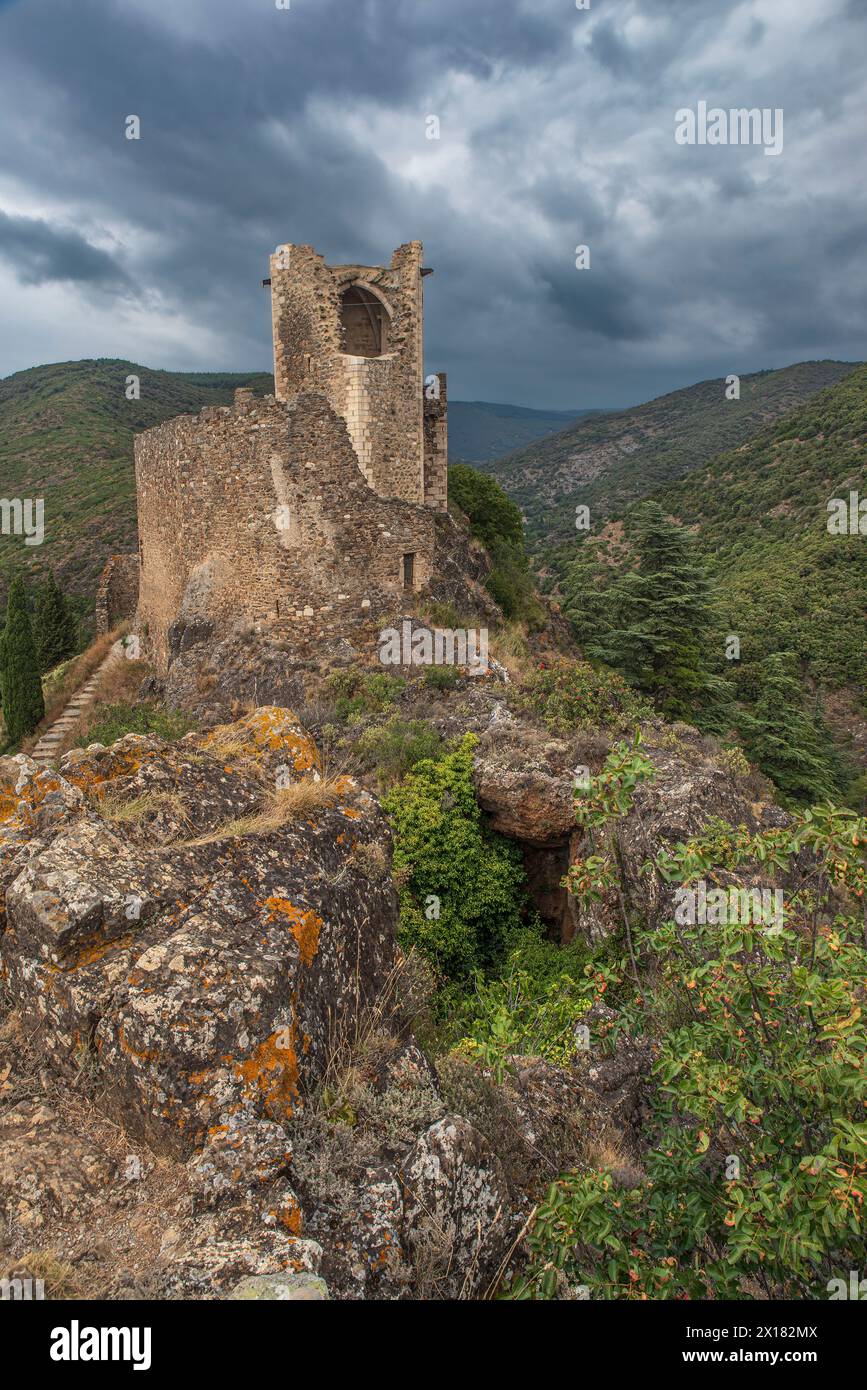 Ruins of the medieval castle of Lastours, in the Cathar region of ...