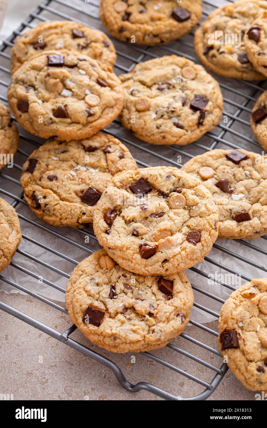 Chocolate chip cookies with chocolate chunks and caramel chips on a ...