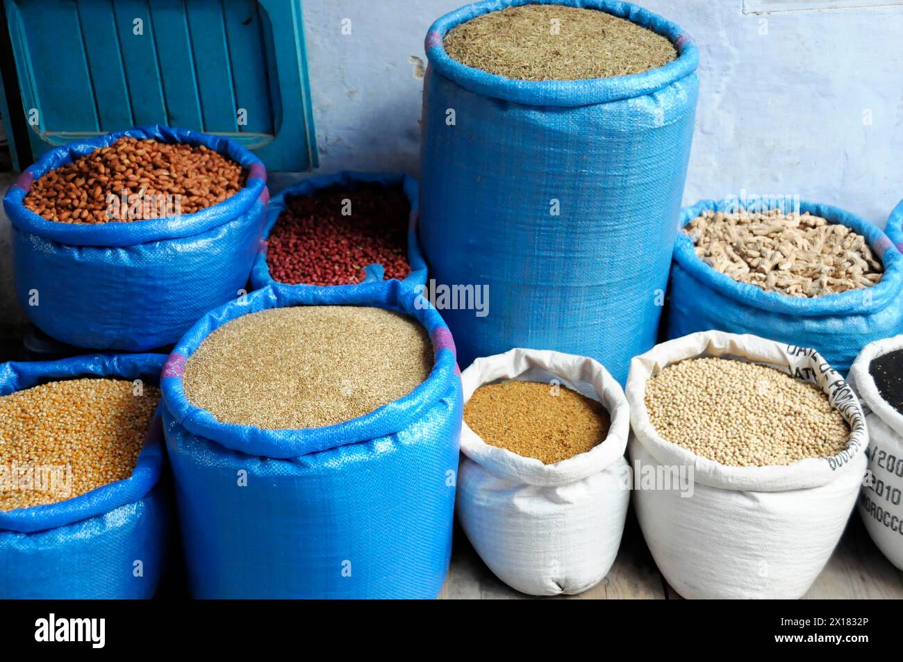 Chefchaouen, Several sacks of various grains and nuts at a market ...