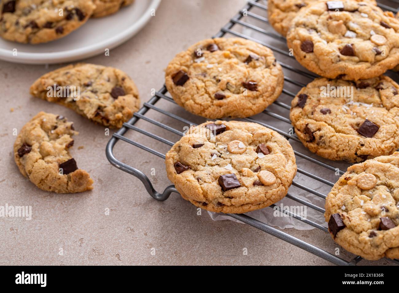 Chocolate chip cookies with chocolate chunks and caramel chips on a ...