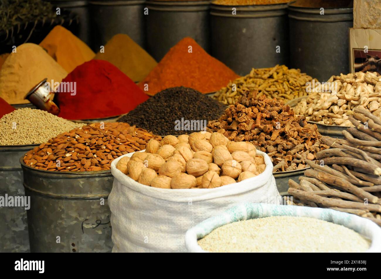 Fes, Staple food at a market, Variety of spices and pulses on display ...