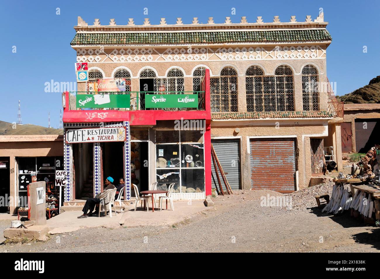 At the Tichka Pass, Col du Tichka, 2260m, shop with traditional ...