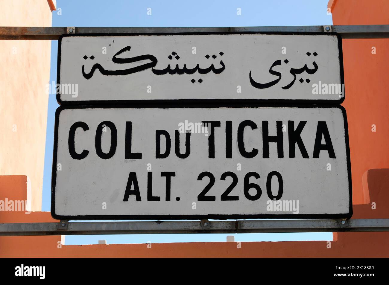 At the Tichka Pass, Col du Tichka, 2260m, Bilingual sign with altitude ...