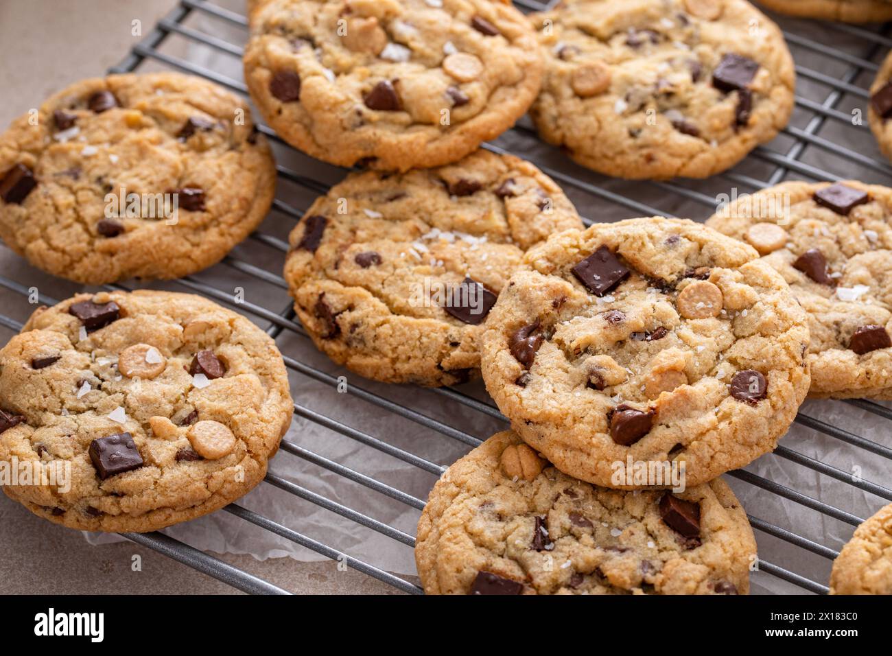 Chocolate chip cookies with chocolate chunks and caramel chips on a ...