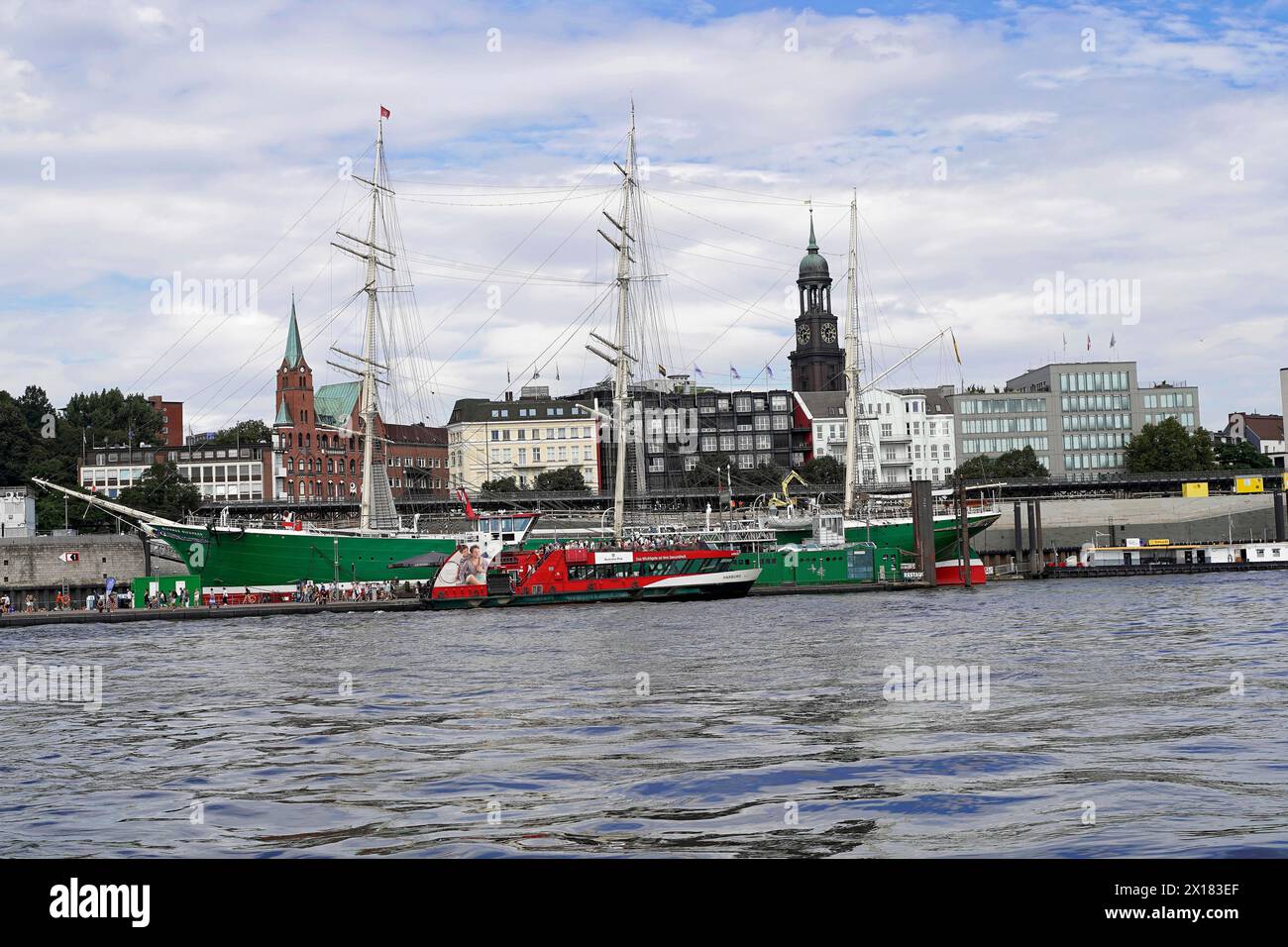 Hamburg harbour view with ships and clock tower by day, Hamburg, The ...