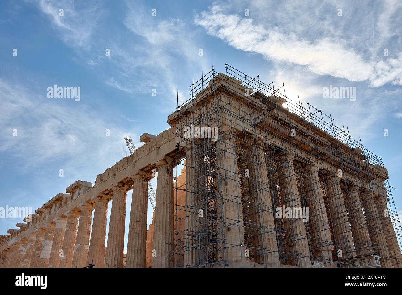 The Parthenon, Acropolis of Athens, Greece. Scaffolding of the famous Greek temple during its ...