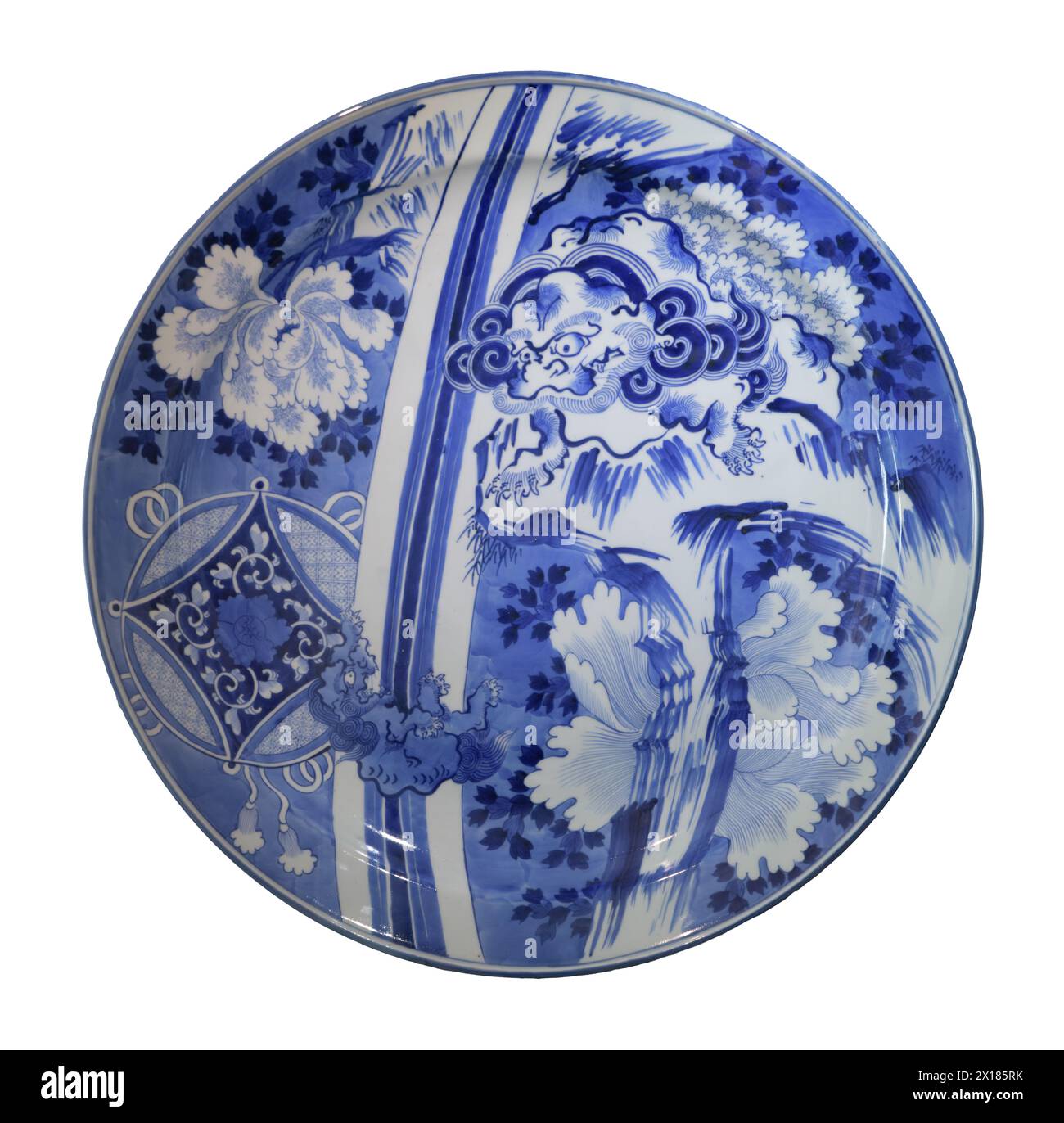 Chinese Porcelain charger painted in underglaze blue. Karashishi ...
