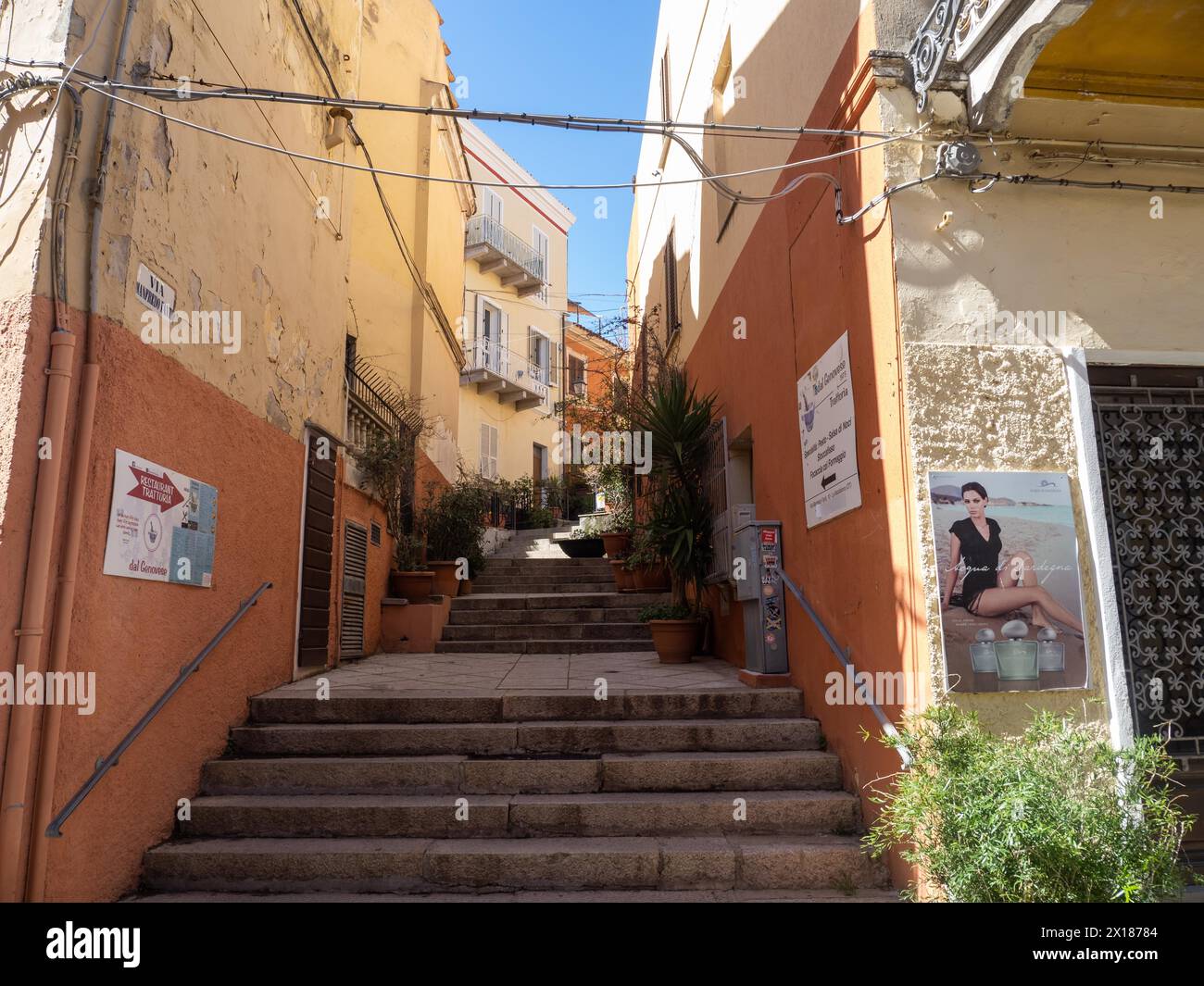 Stairs in an alley in the old town centre, Maddalena, Gallura, Sardinia ...