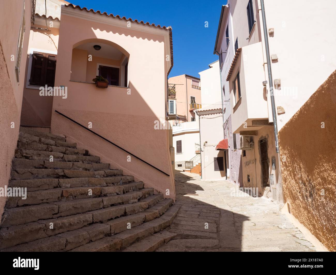 Stairs in an alley in the old town centre, Maddalena, Gallura, Sardinia ...