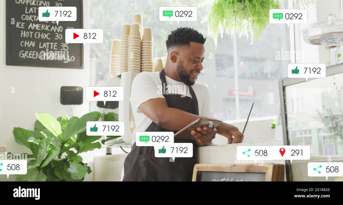 Image of social media data processing over biracial sales man in grocery store Stock Photo - Alamy