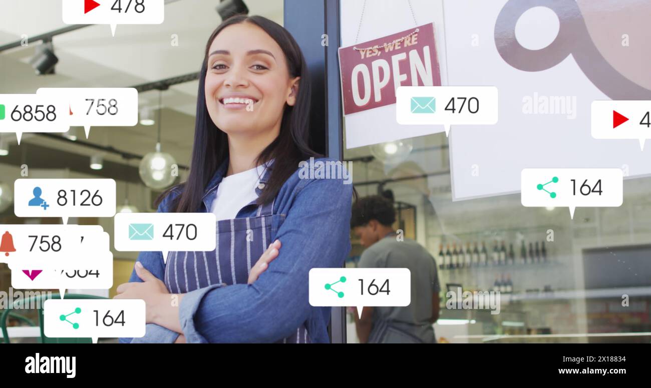 Image of social media data processing over biracial sales woman in grocery store Stock Photo - Alamy