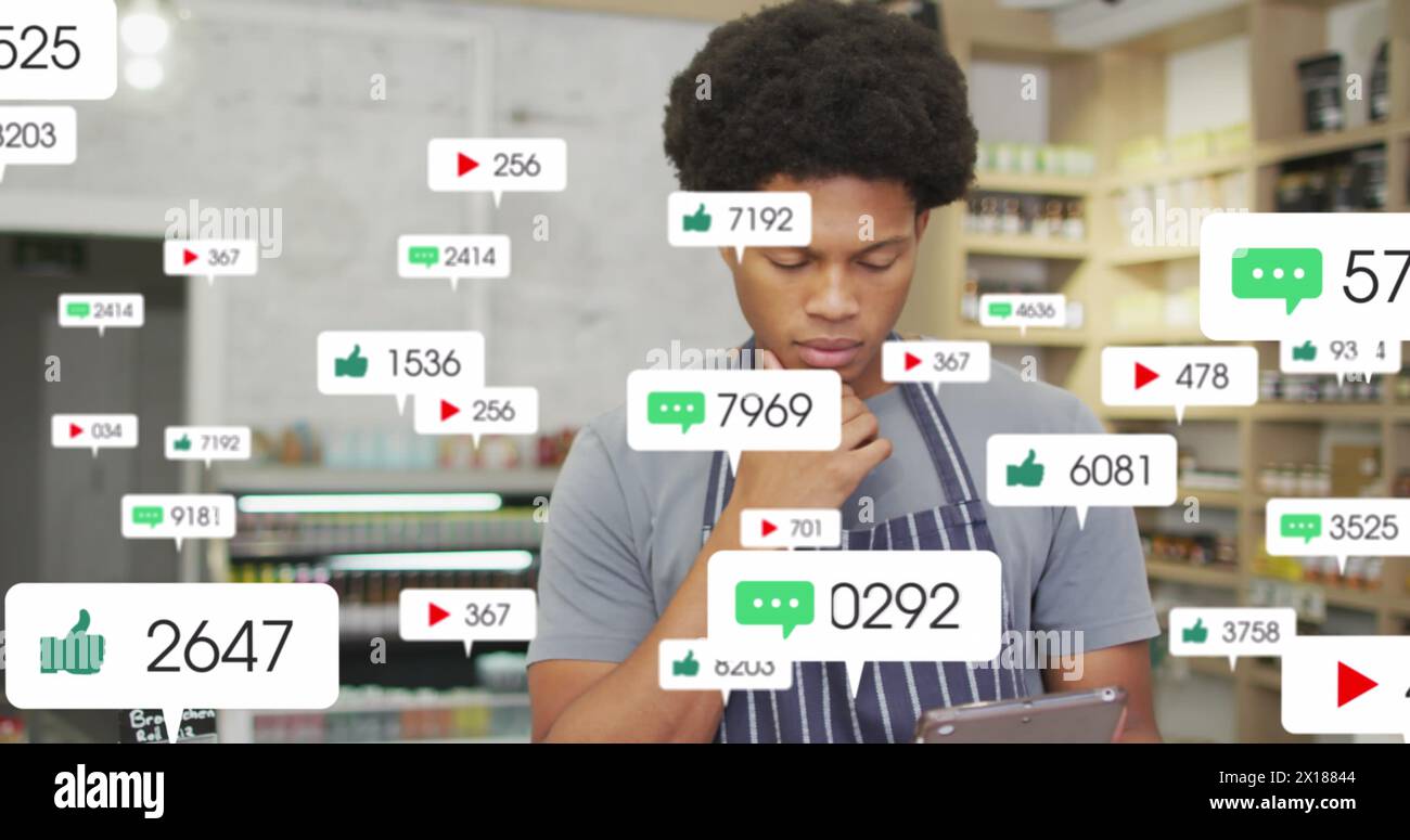 Image of social media data processing over biracial sales man in grocery store Stock Photo - Alamy