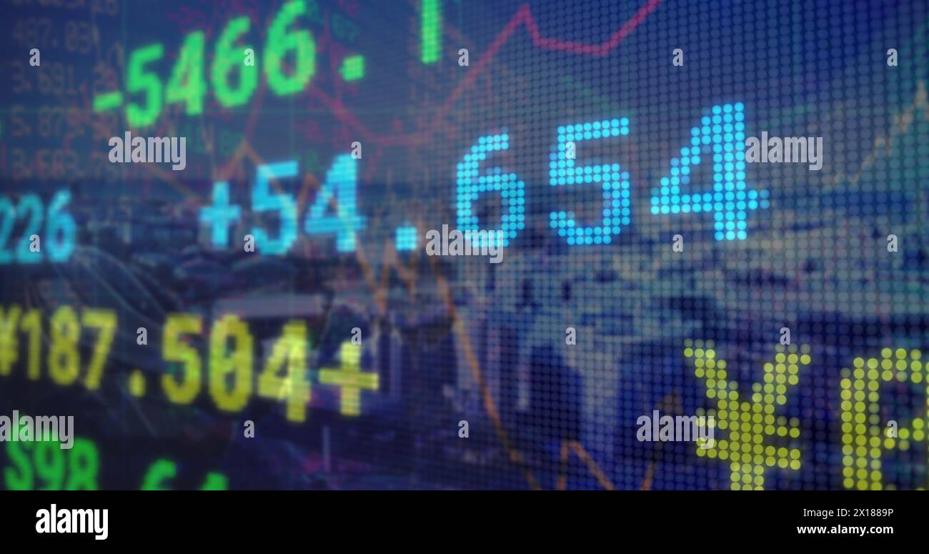 Image of financial data over blue digital screen Stock Photo - Alamy