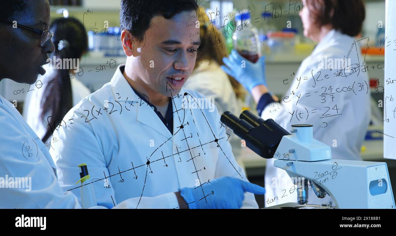 Image of mathematical equations over group of diverse scientists in lab ...