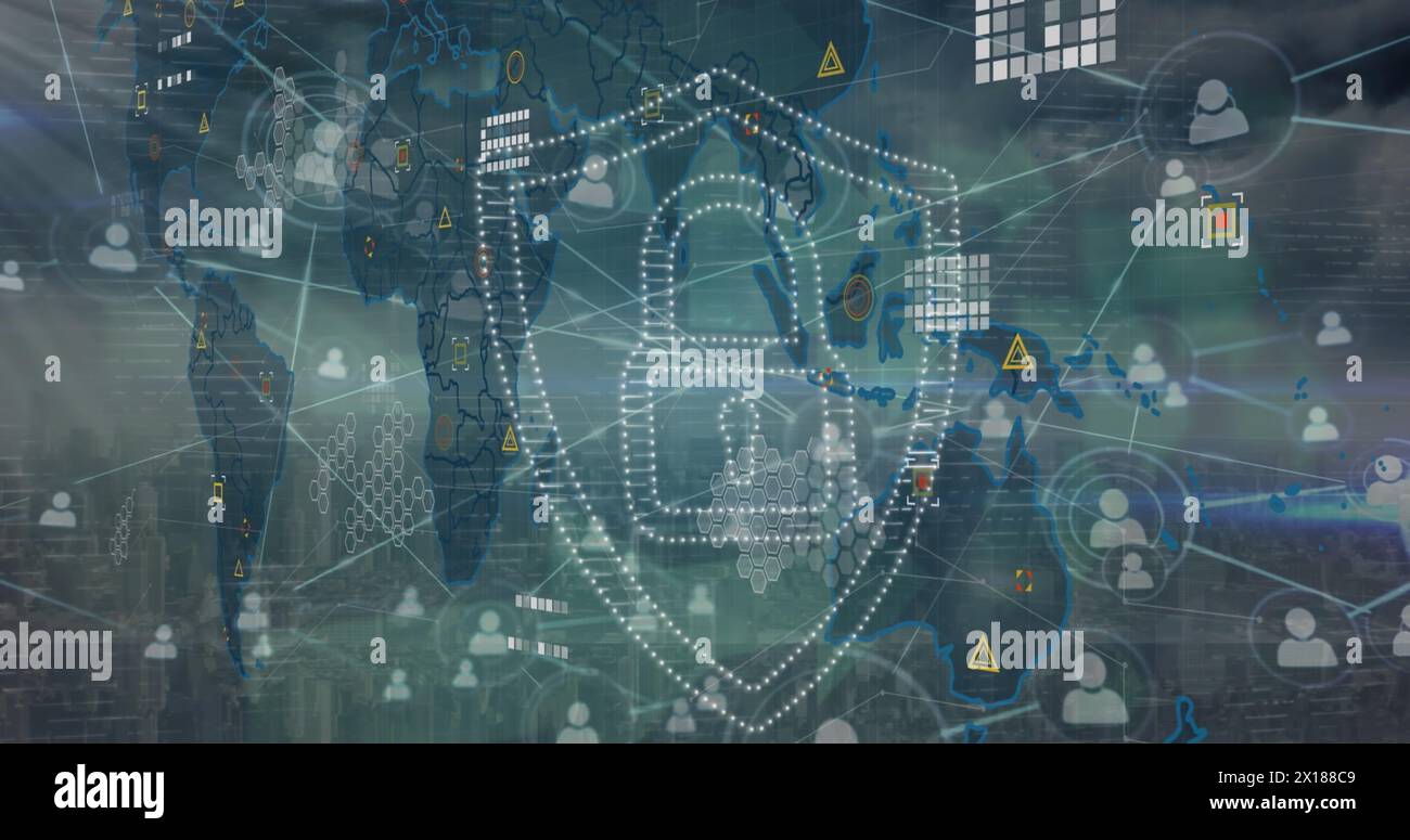 Image of security padlock icon and data processing over world mal and network of profile icons ...