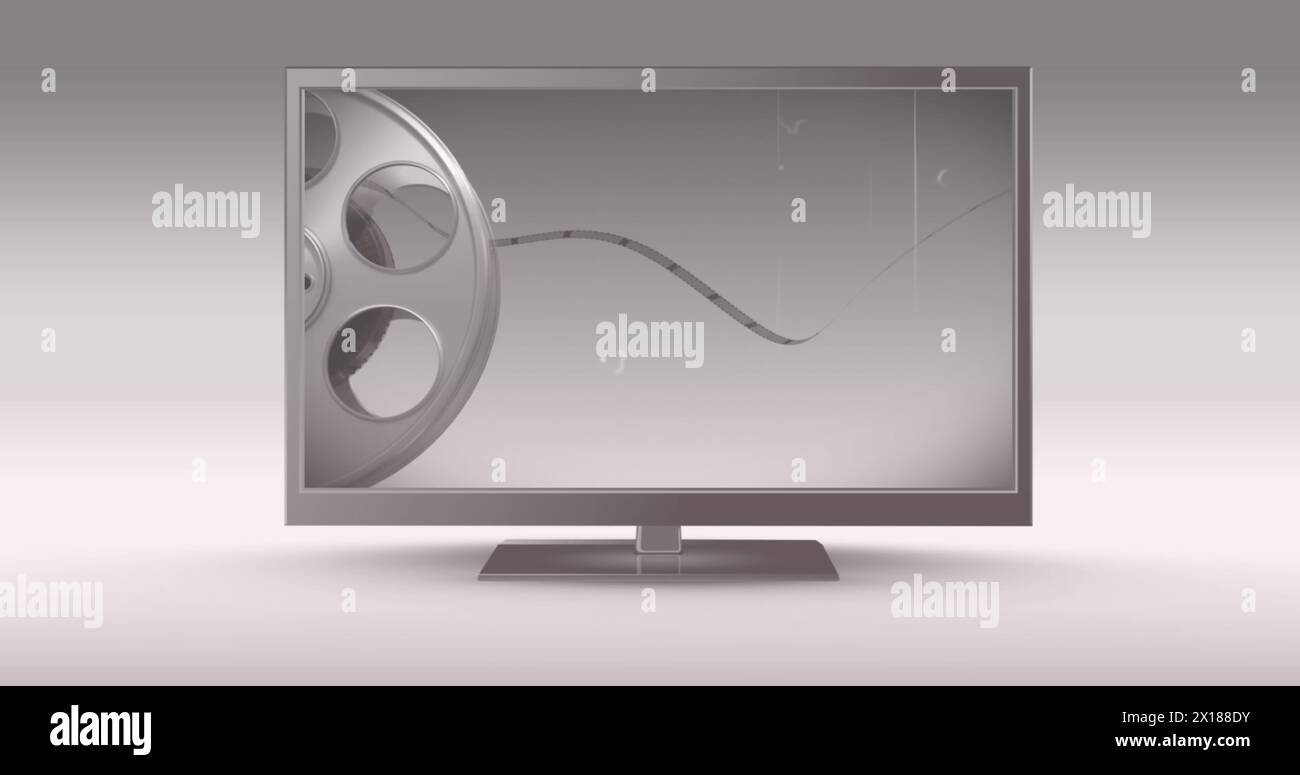Image of television set with film strip rolling against white ...