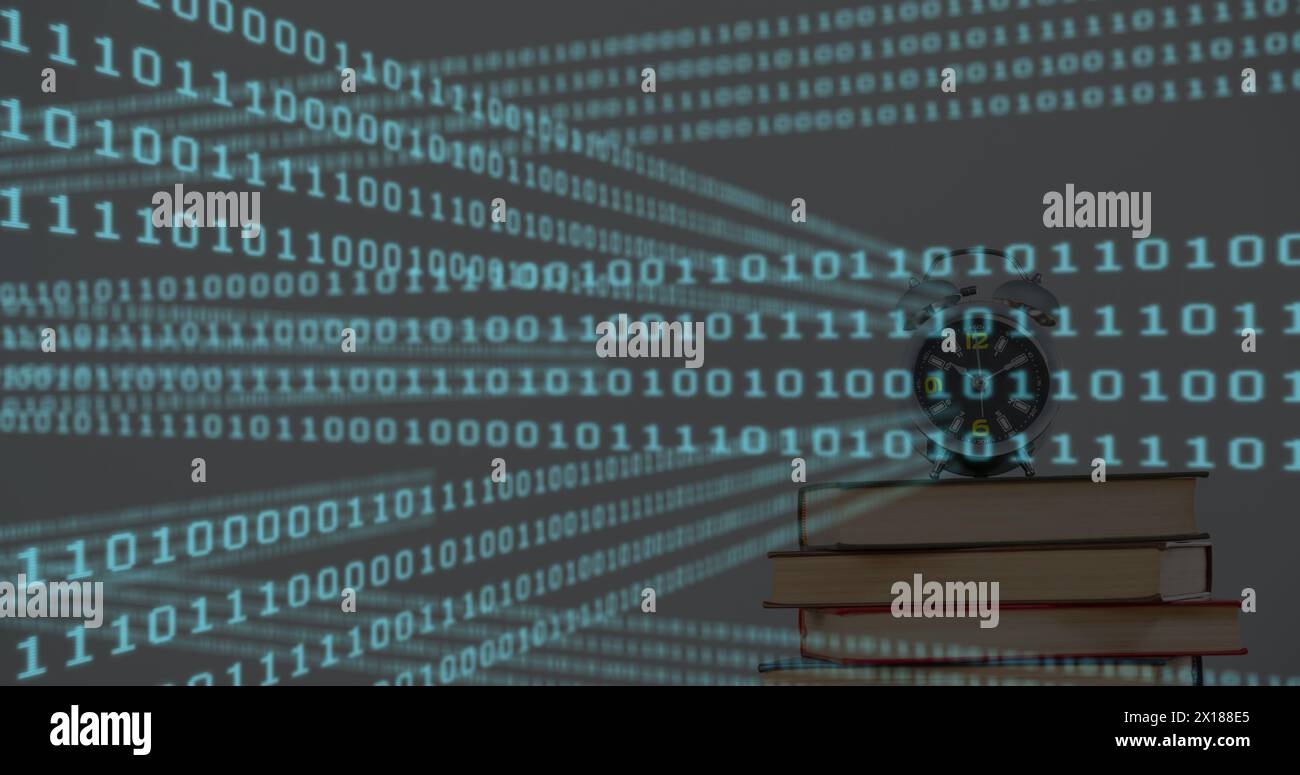 Image of blue binary codes moving over alarm clock on books against ...