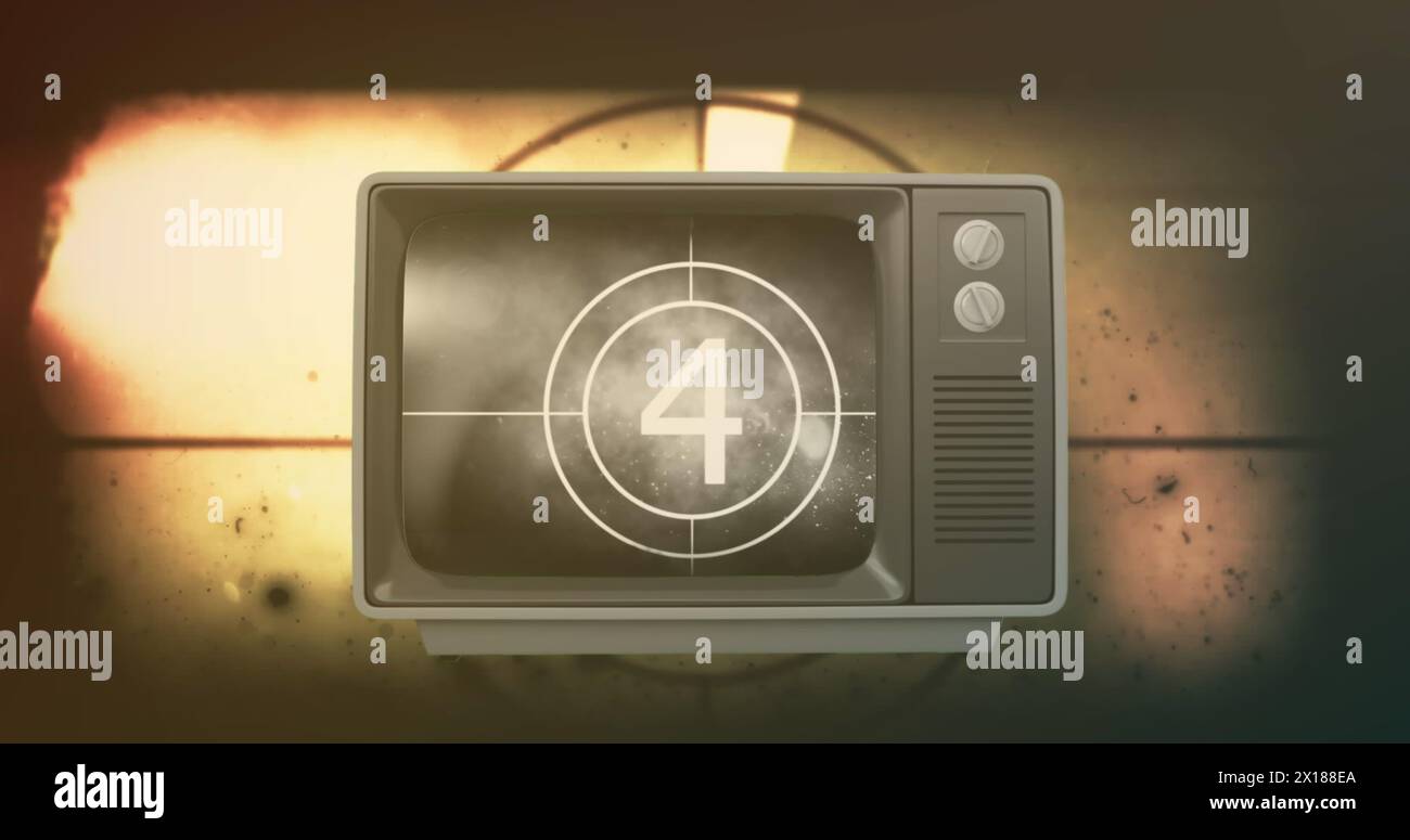 Image of film countdown in antique television over moving film reel in ...
