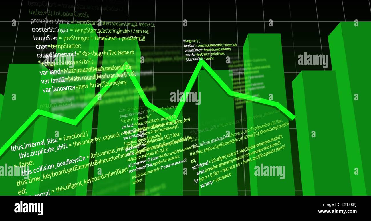 Image of green line and financial data processing over dark background ...