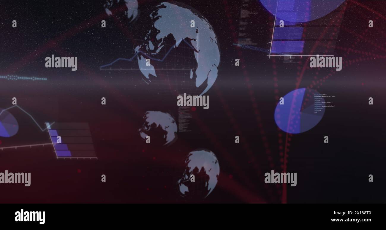 Image of globes, programming language, bar graph over red dots forming abstract pattern Stock ...