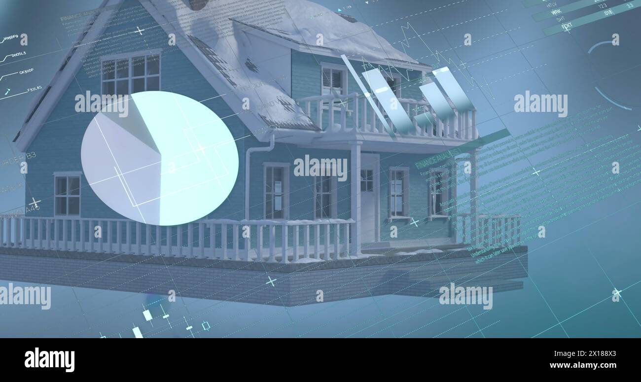 Image of statistics with data processing over house on blue background ...